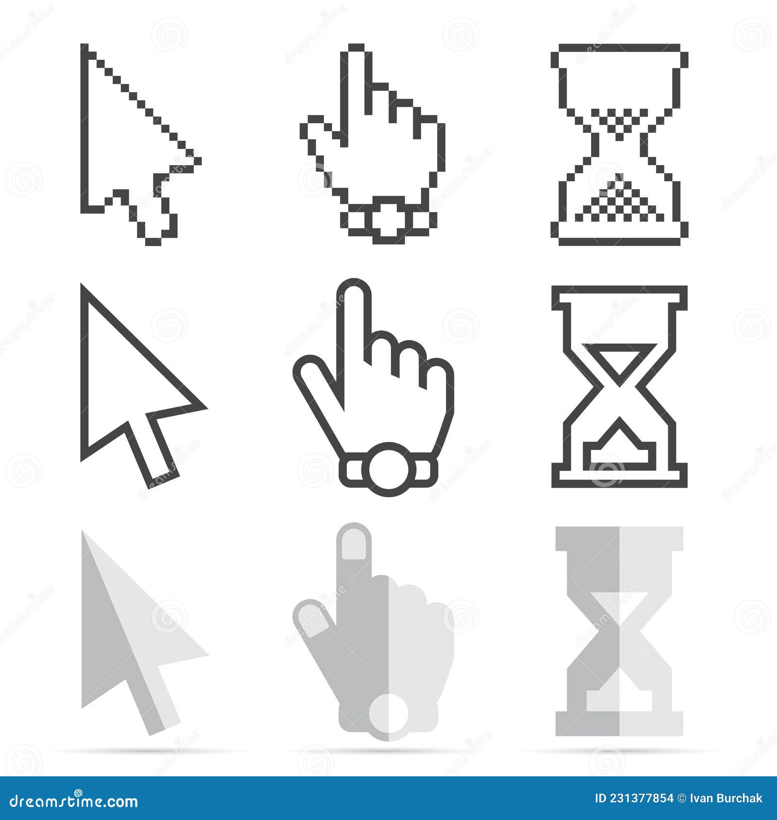 Mouse Cursor Icon Set - Pixel and Smooth Arrows, Hands and Hourglasses ...