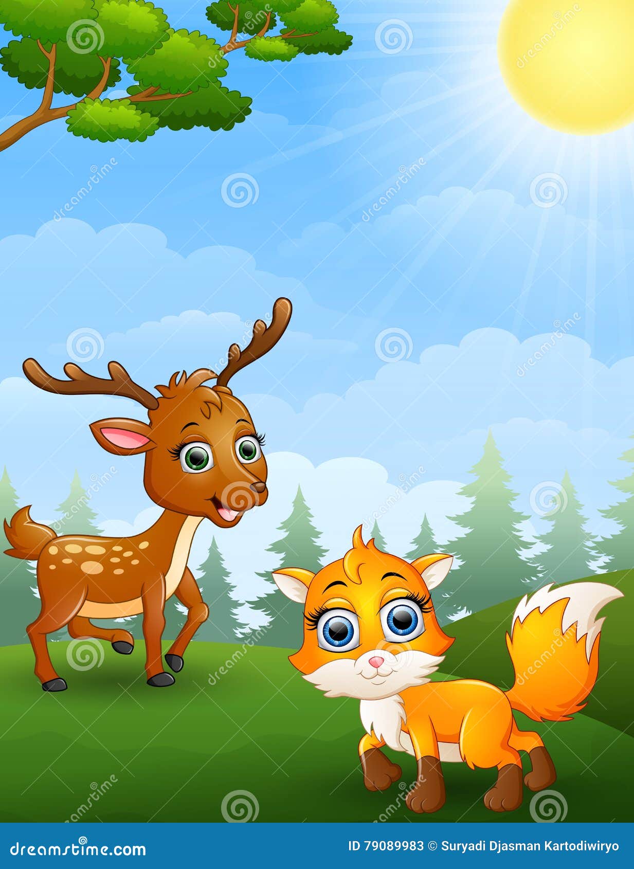 Mouse Deer and Baby Fox Cartoon in the Jungle Stock Vector ...