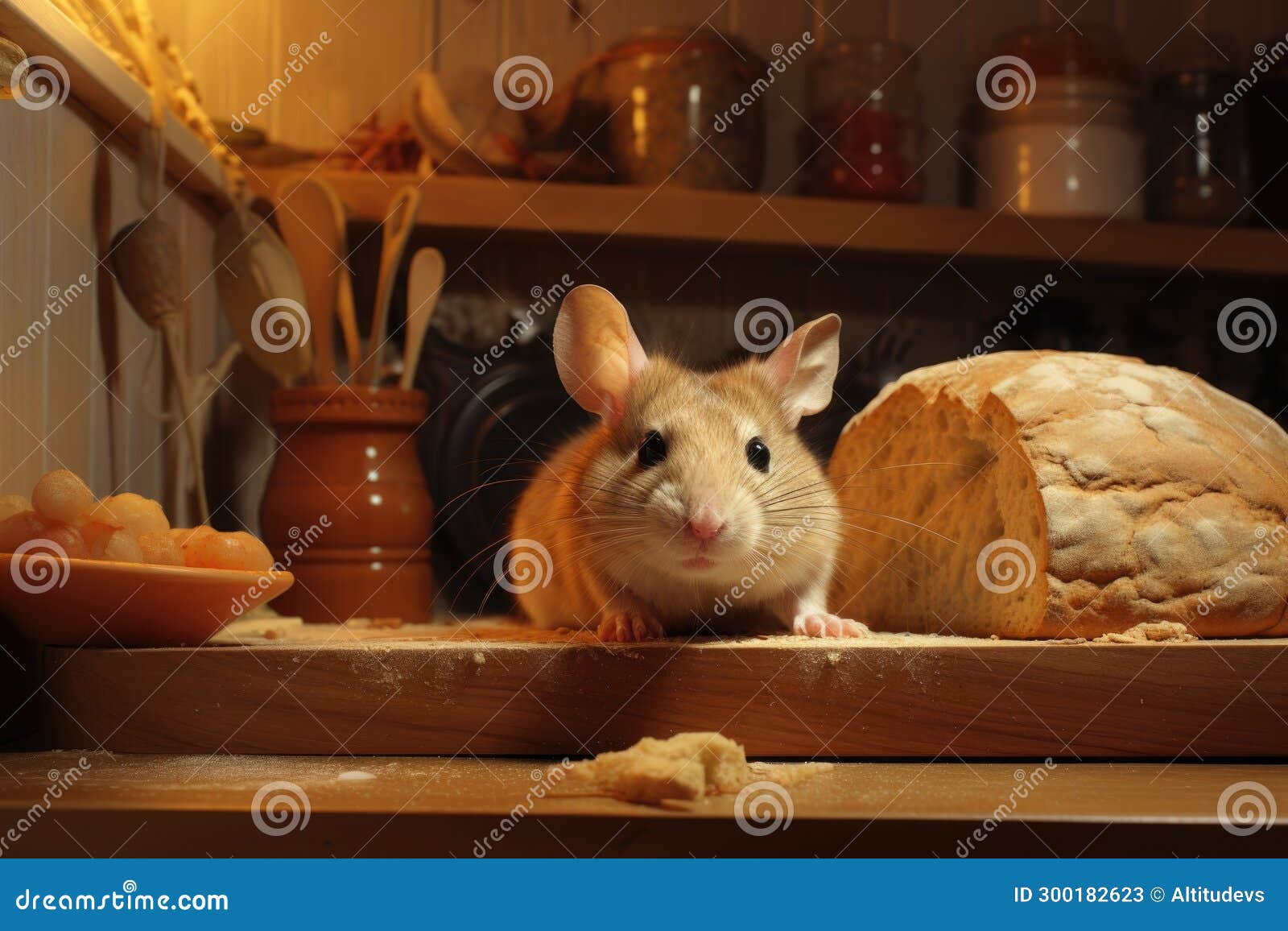 Mouse Emerging from a Bread Loaf on a Kitchen Counter Stock Image ...