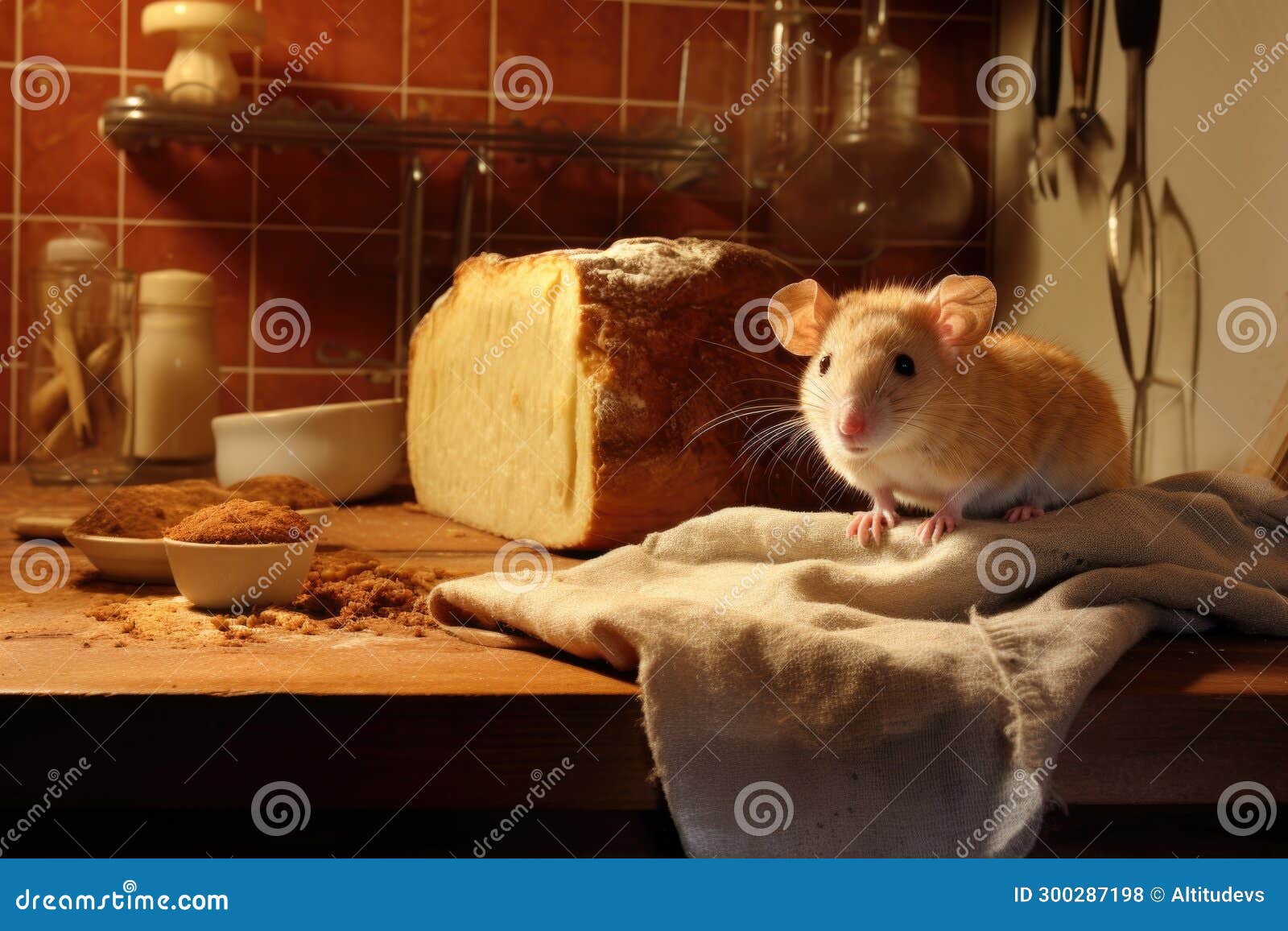 Mouse Emerging from a Bread Loaf on a Kitchen Counter Stock Photo ...