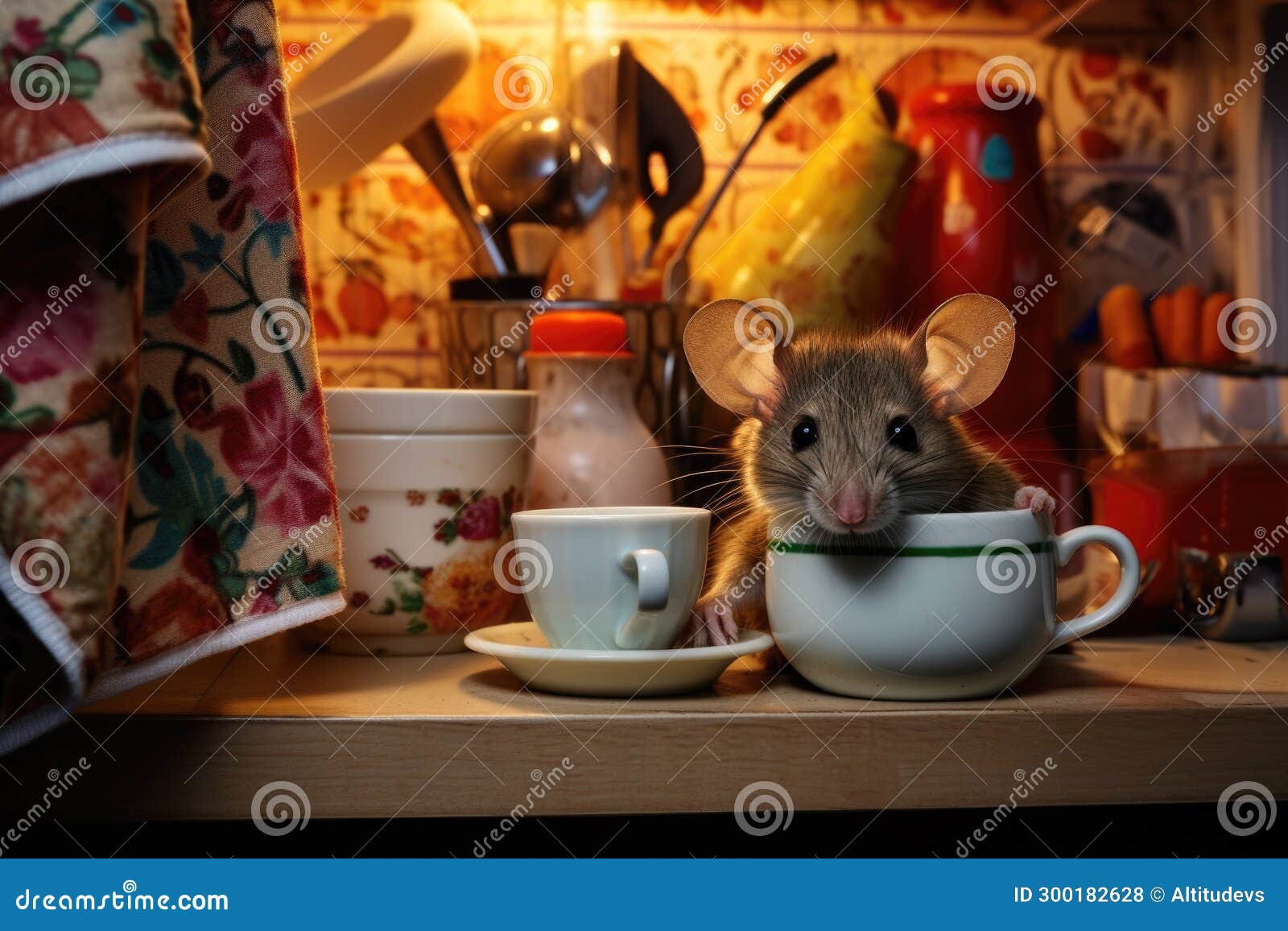 Mouse Hiding Behind a Coffee Mug on a Cluttered Kitchen Table Stock ...