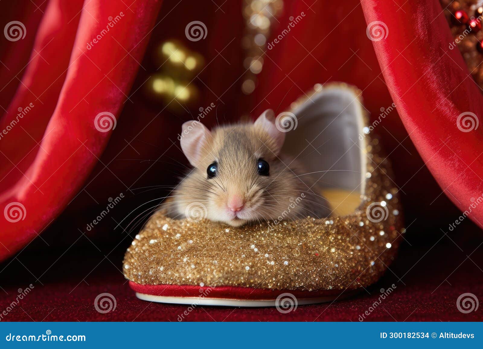 Mouse Hiding in a Fancy Slipper with Sequins, Placed on a Red Carpet ...