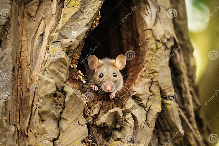 Mouse Hiding in Hole of an Old Tree in a Park Stock Photo - Image of ...