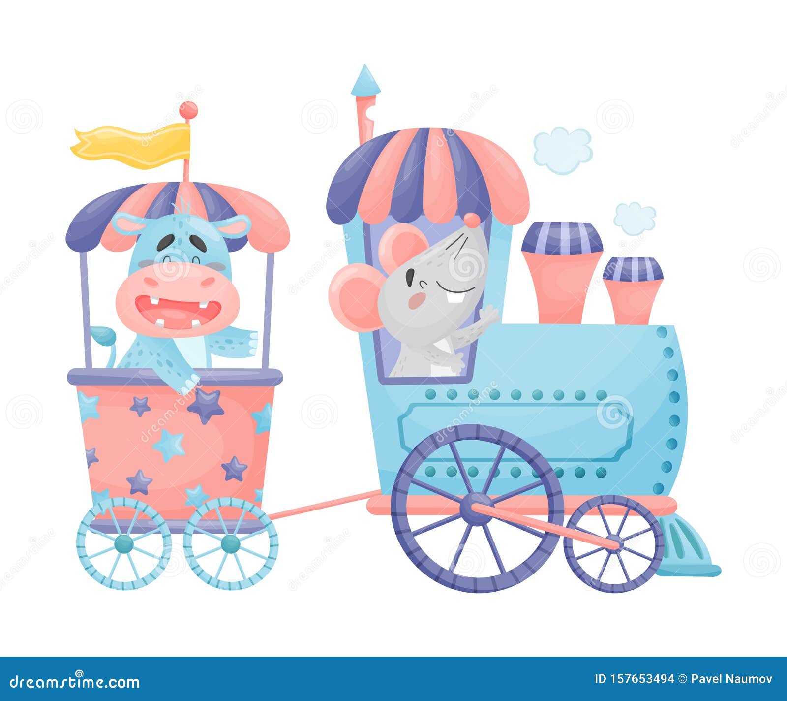 Mouse and Hippo Ride the Train. Vector Illustration on a White ...