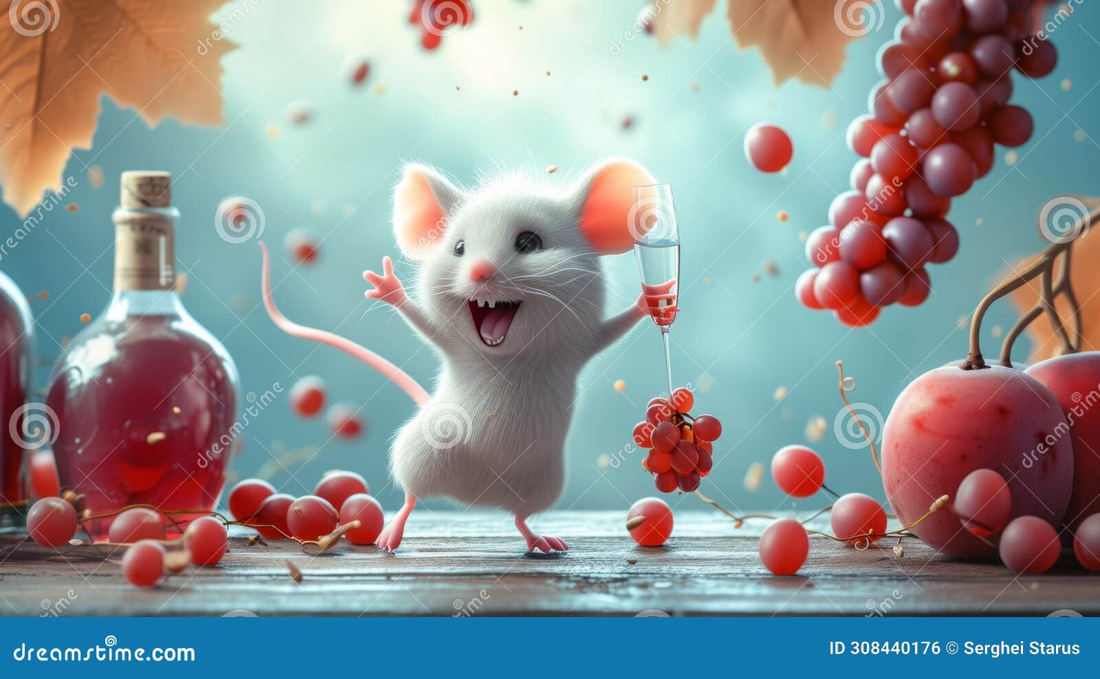 A Mouse Holding a Glass of Wine and Grapes in Front of Him, AI Stock ...