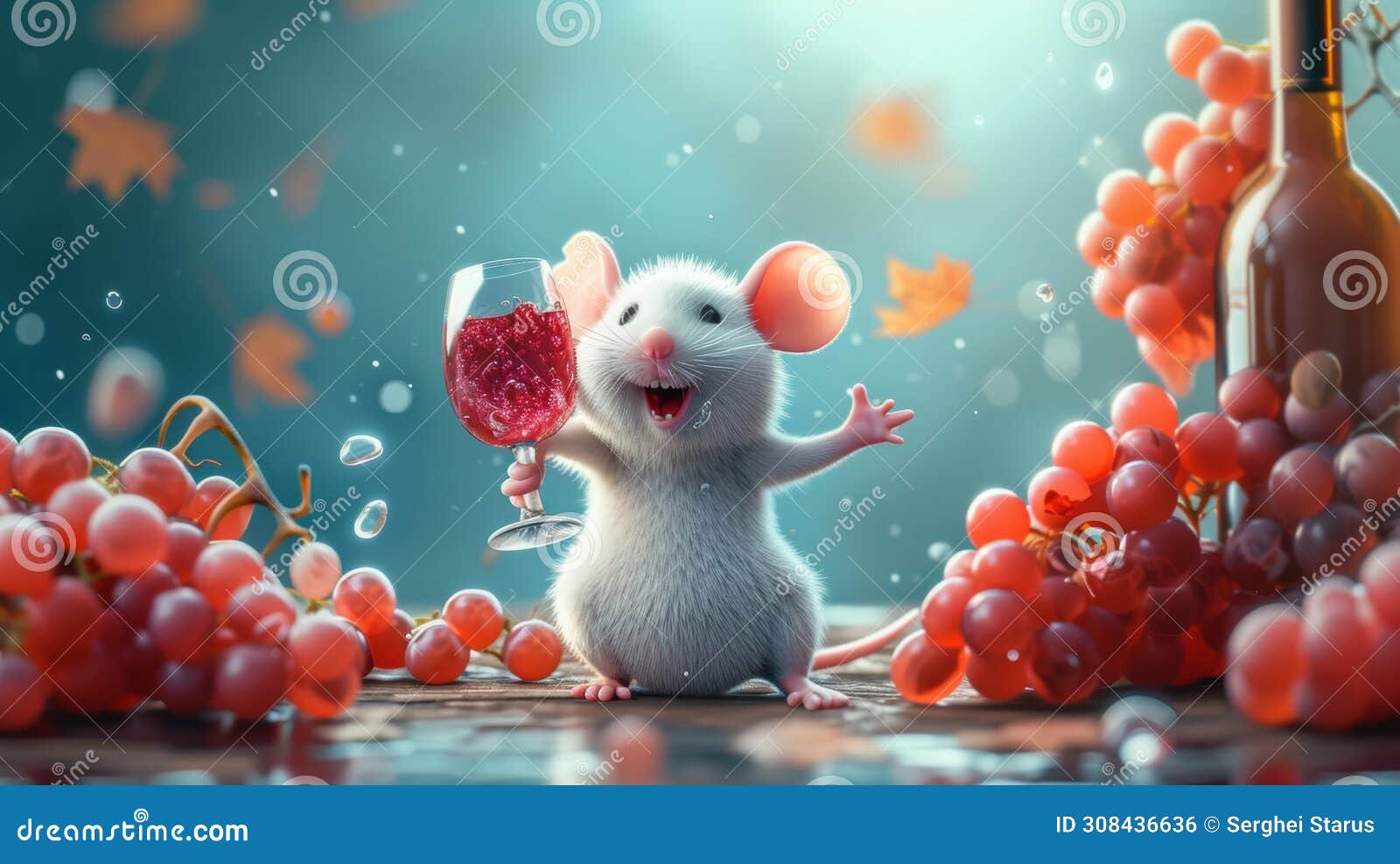 A Mouse Holding a Glass of Wine and Grapes Next To Some Grape Clusters ...