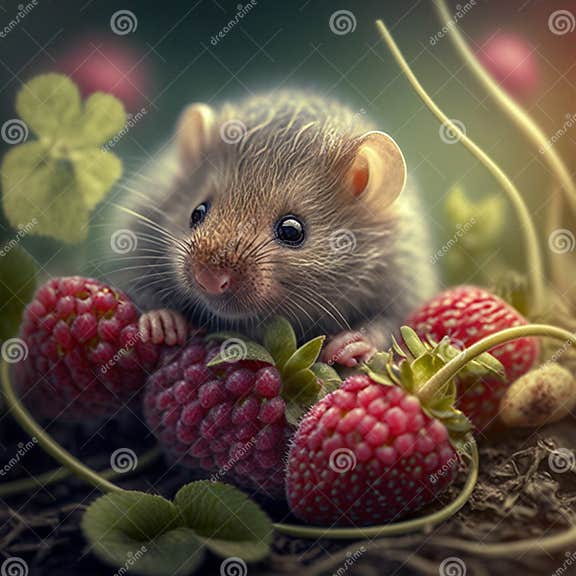 A Mouse Holds a Raspberry that is on a Table. Stock Illustration ...