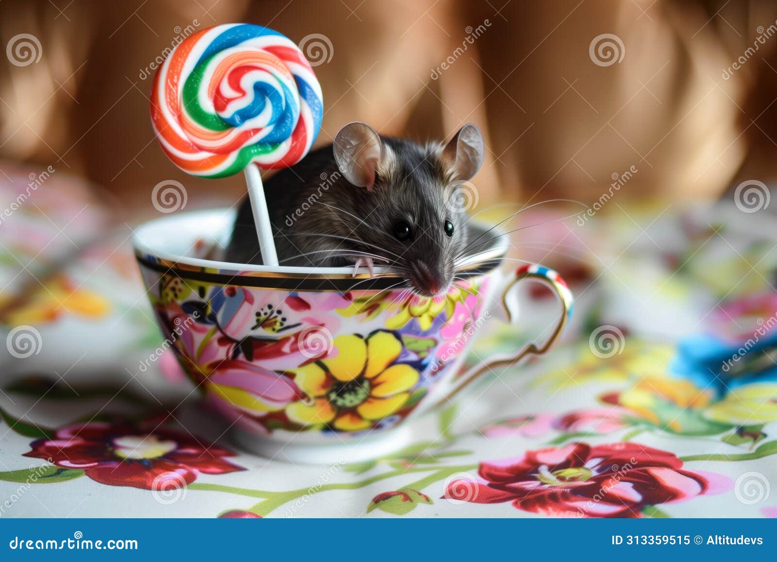 Mouse Inside a Teacup with Lollipop Handle Peeking Out Stock Image ...