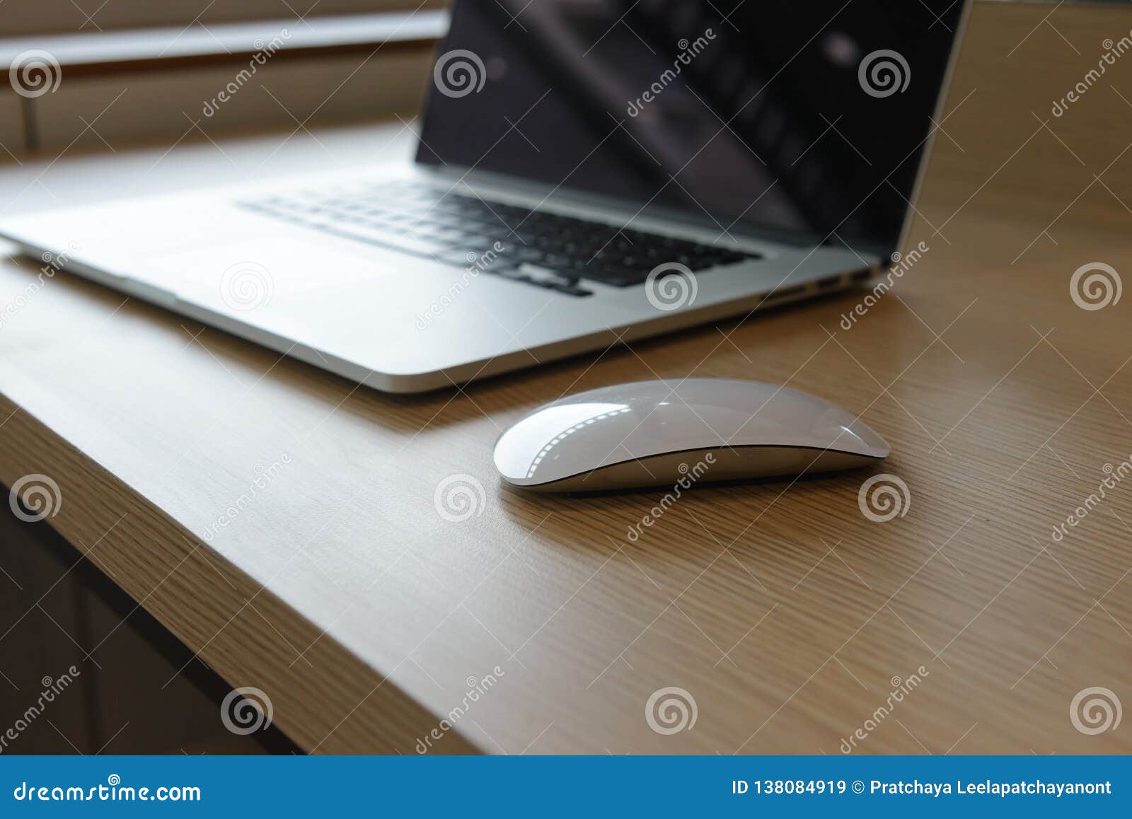 Mouse and Laptop Computer on Wooden Desk Stock Image - Image of desk ...