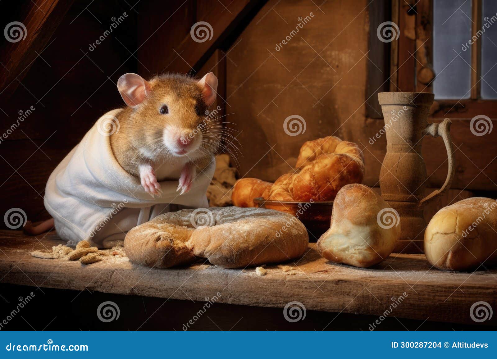 Mouse with a Loaf of Bread in Its Mouth on a Rustic Kitchen Table Stock ...