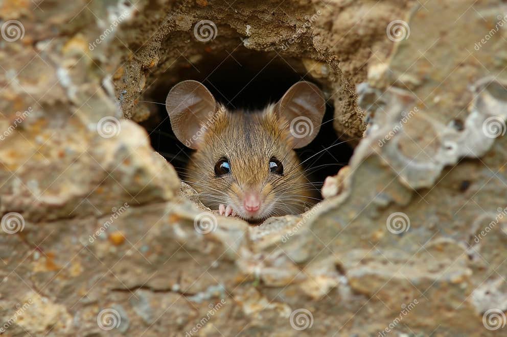 Mouse Looking Out from Hole in Concrete Surface Stock Image - Image of ...