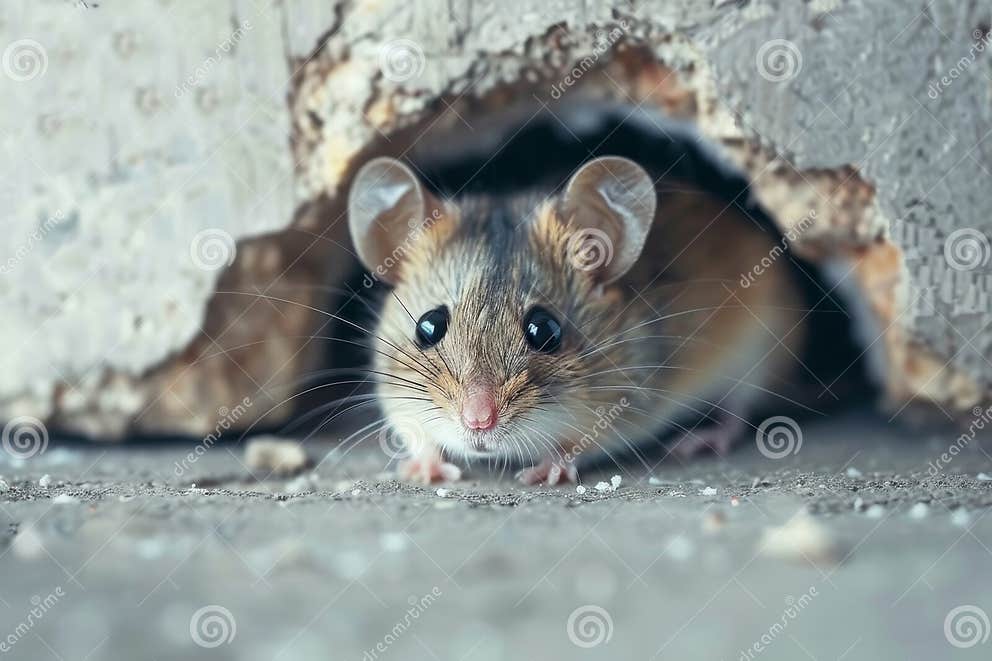 Mouse Looking Out from Hole in Concrete Surface Stock Photo - Image of ...