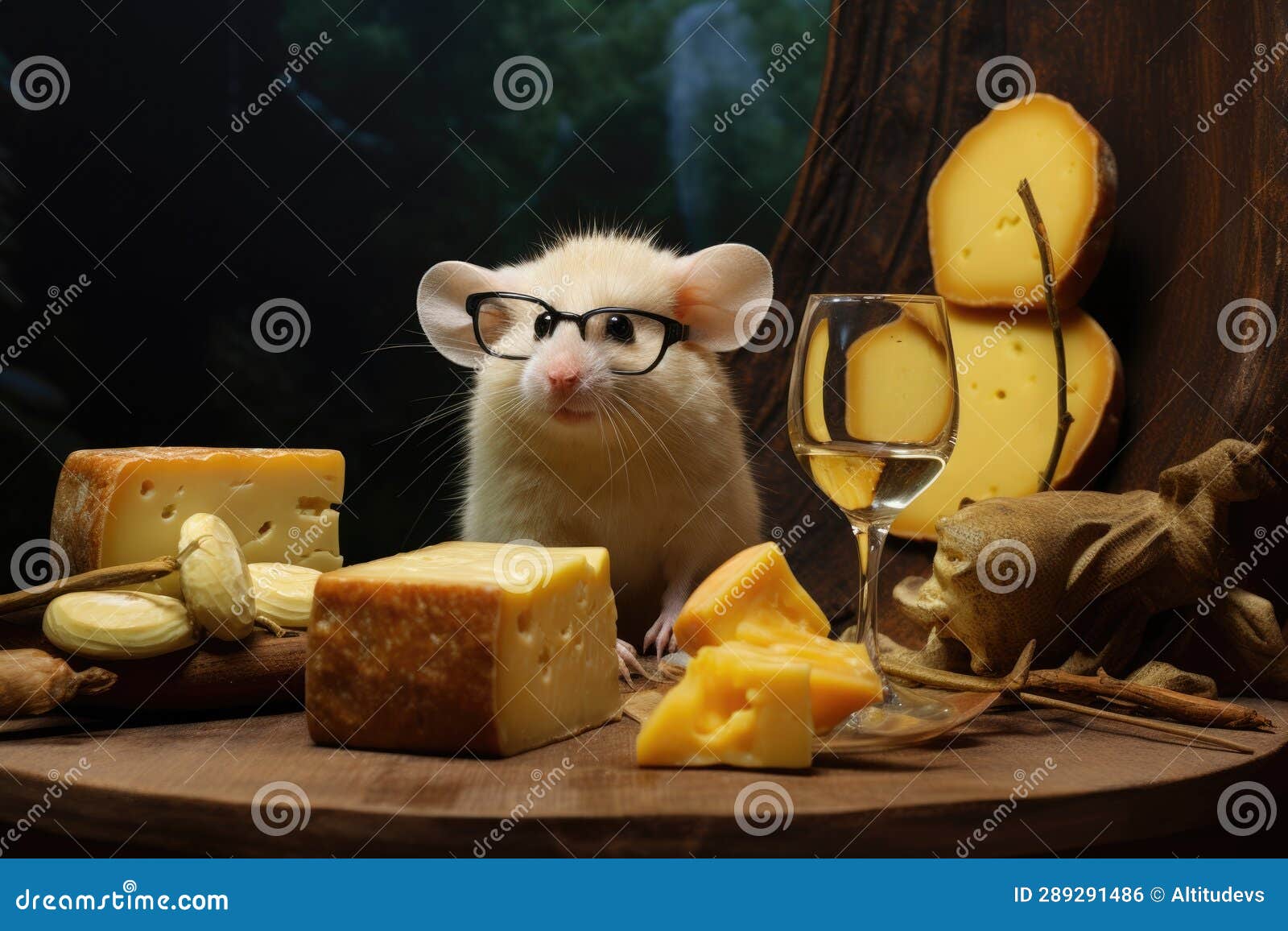 A Mouse with Miniature Glasses Near a Piece of Cheese Stock Photo ...