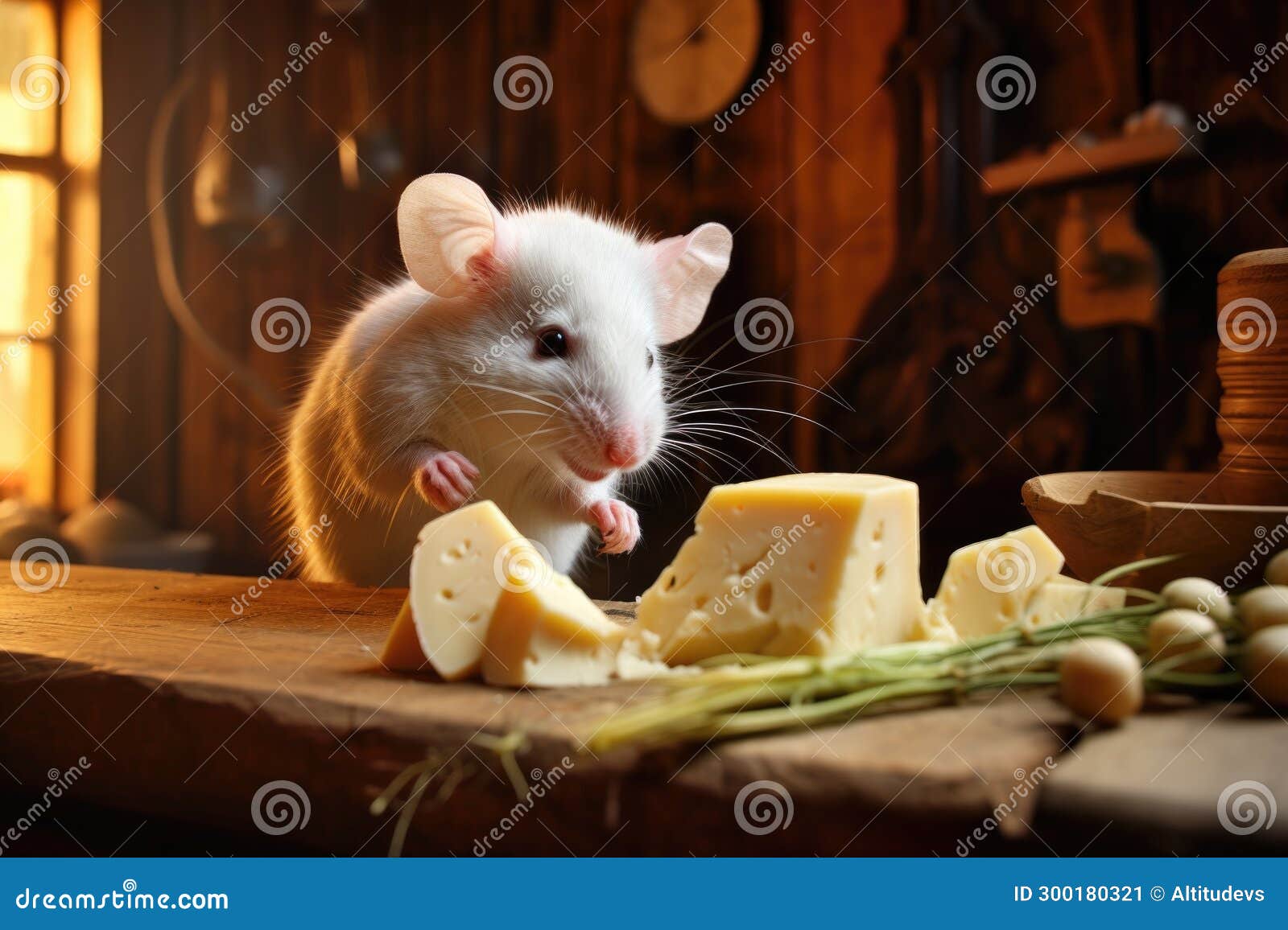 Mouse Nibbling on Cheese Left on a Rustic Wooden Kitchen Table Stock ...