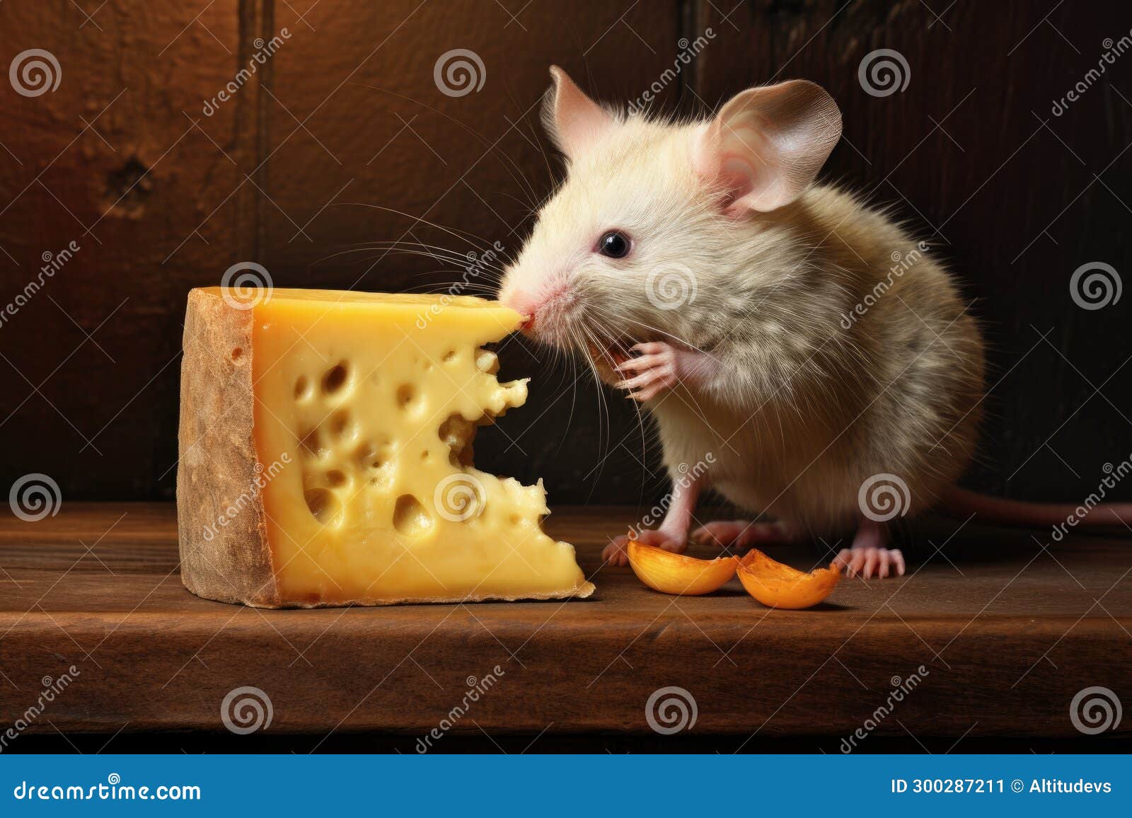 Mouse Nibbling on a Chunk of Cheese on a Wooden Table Stock Image ...