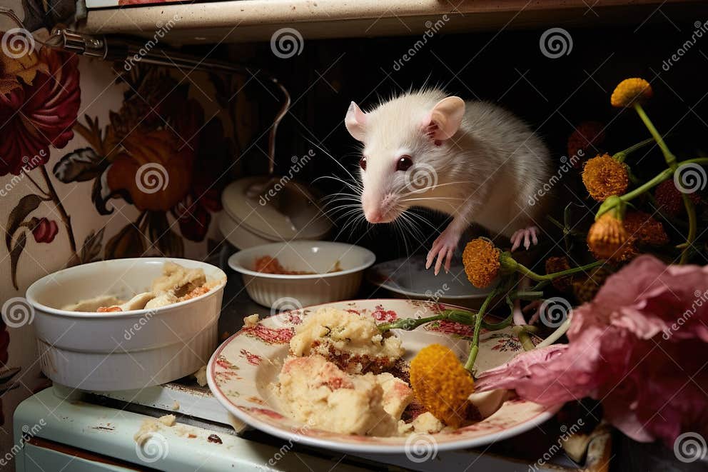 Mouse Nibbling at Leftovers on a Plate in the Fridge Stock Illustration ...