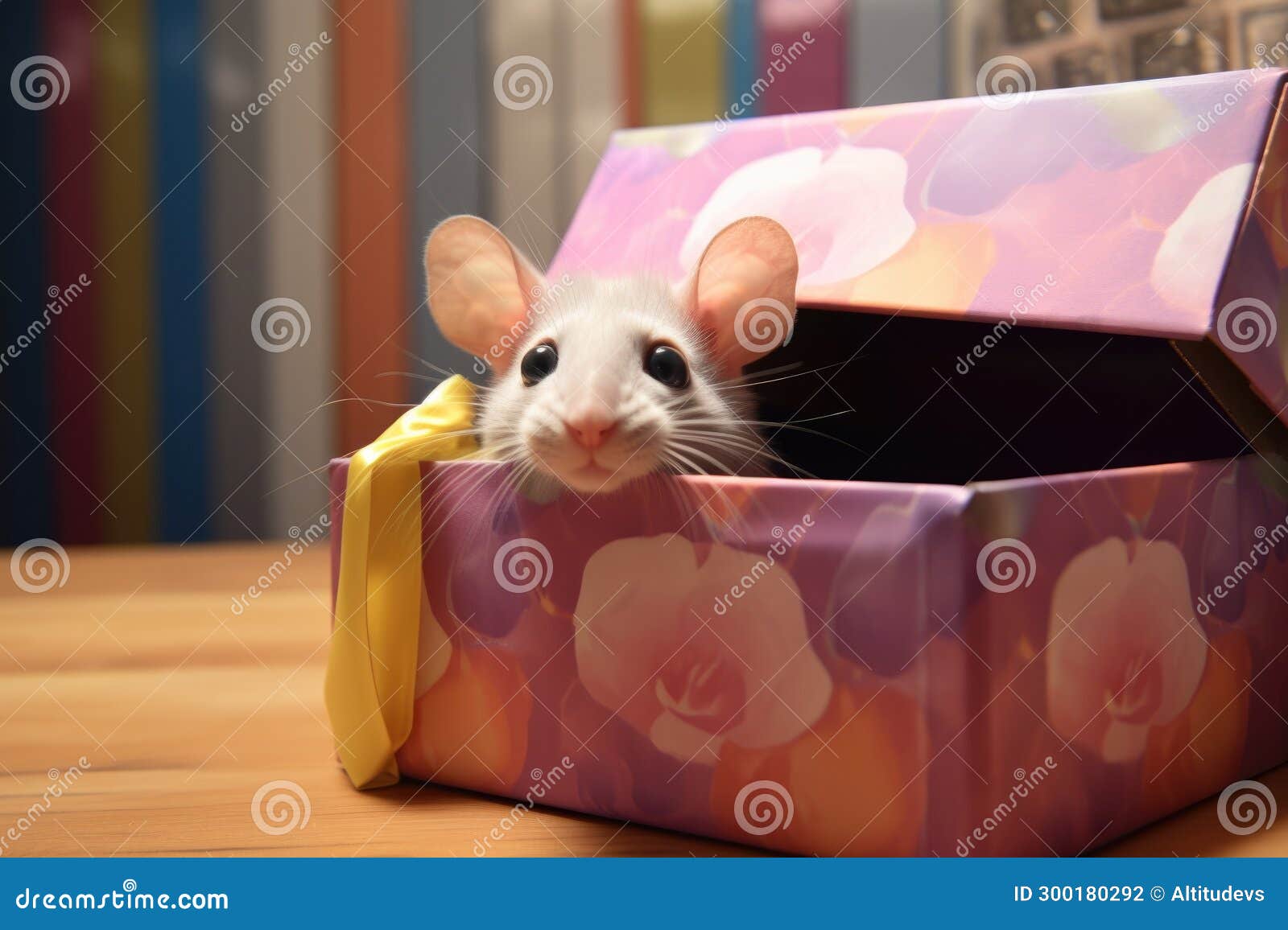 Mouse Peeking Out from a Pastel-colored Gift Box on a Wooden Table ...