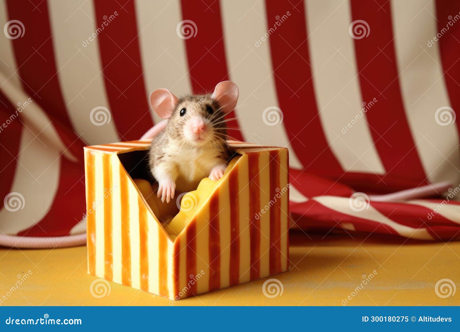 A Mouse with a Piece of Cheese Inside a Striped Gift Box Stock Image ...