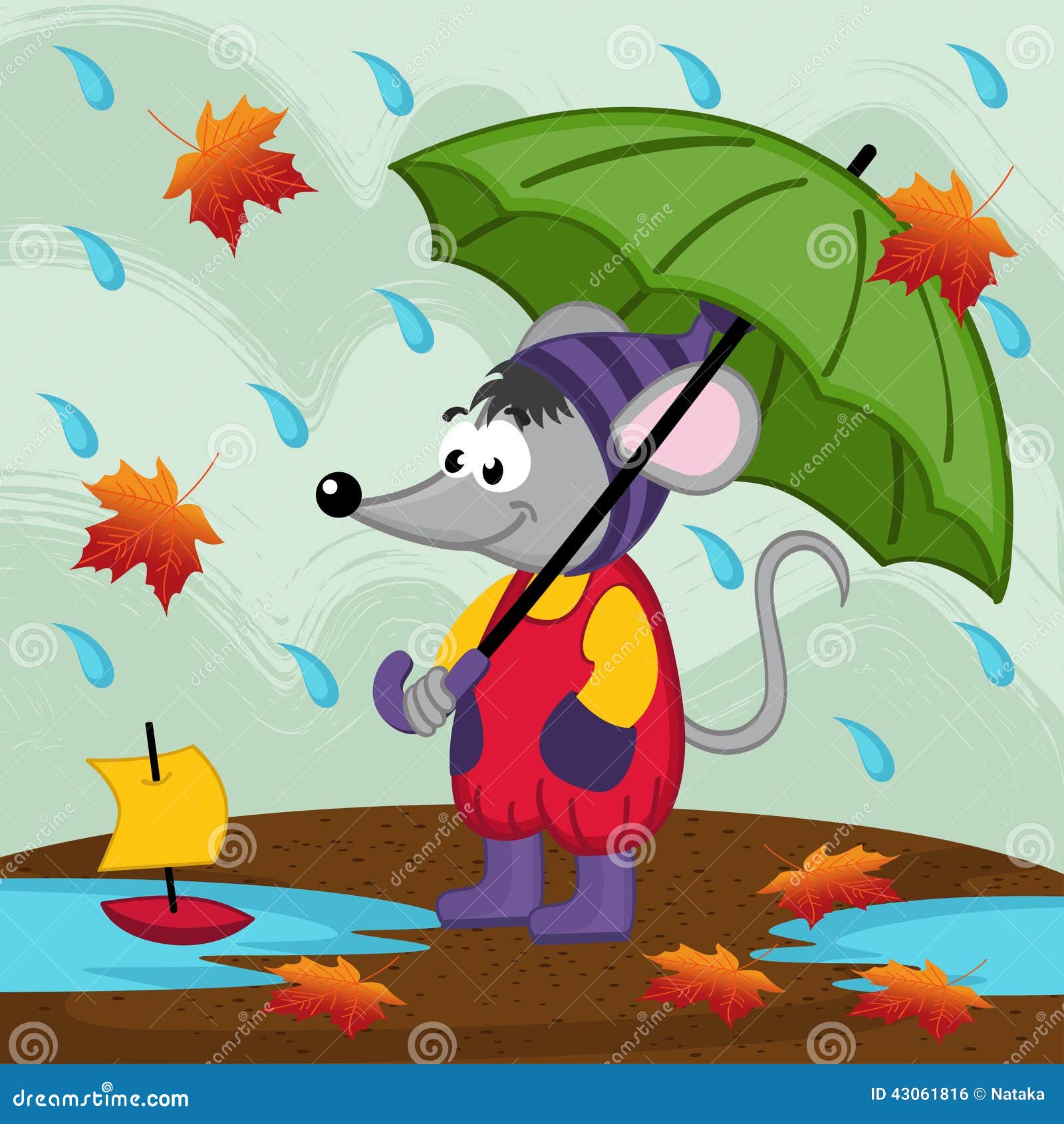 Mouse in rain autumn stock vector. Illustration of boat - 43061816