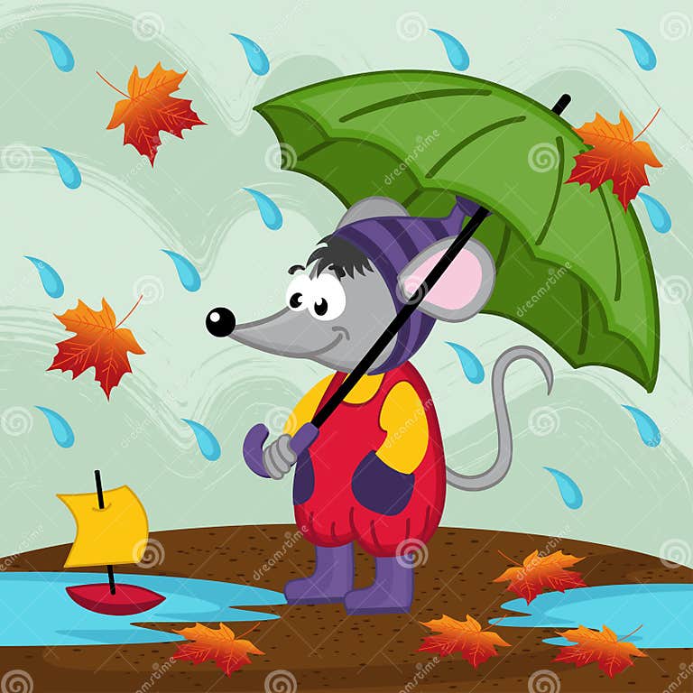 Mouse in rain autumn stock vector. Illustration of boat - 43061816
