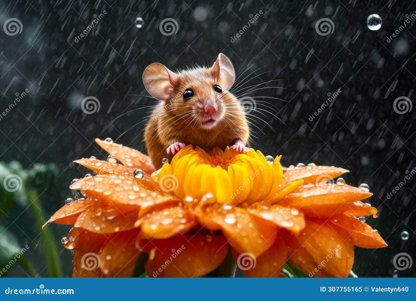 Mouse with Raindrops Falling Around it Sits on Flower. Generative AI ...