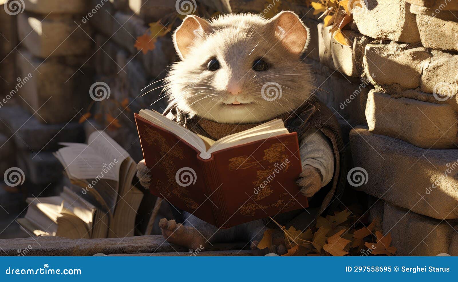 A Mouse is Reading a Book in Front of Some Stones, AI Stock Image ...