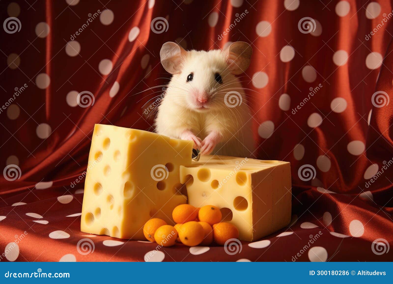 Mouse Sitting Inside a Polka-dotted Gift Box with a Cheese Wedge Stock ...