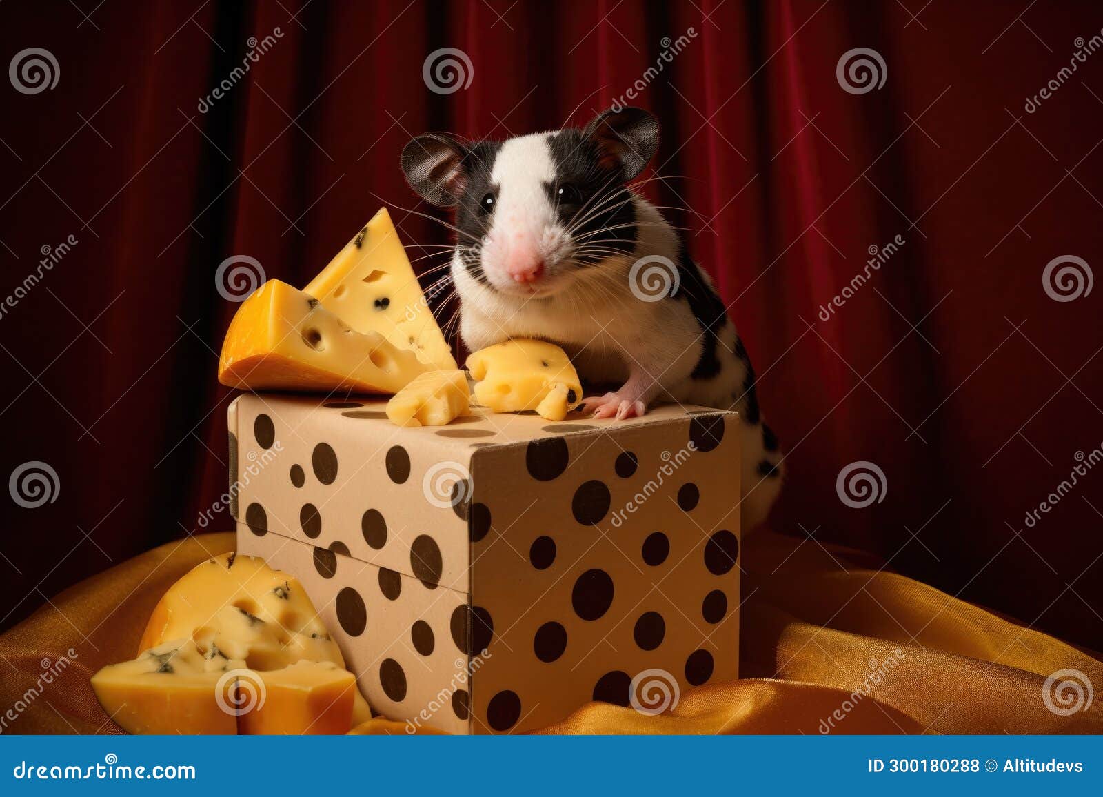 Mouse Sitting Inside a Polka-dotted Gift Box with a Cheese Wedge Stock ...