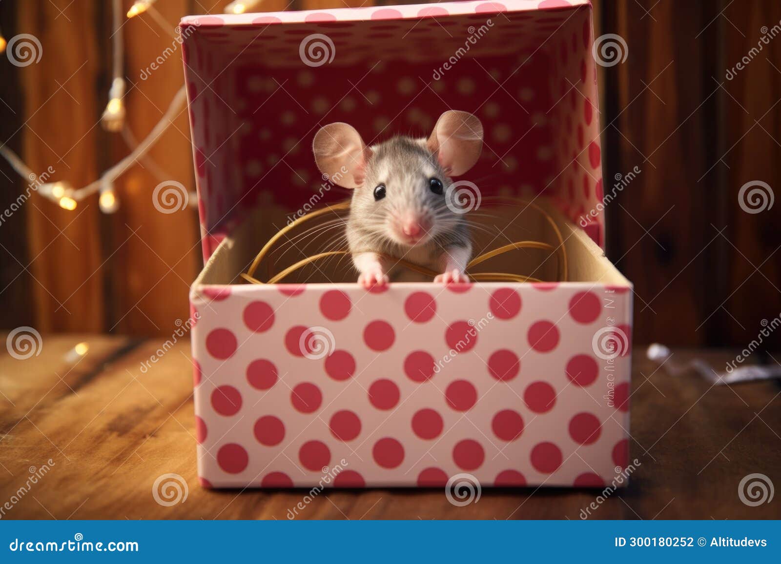 Mouse Sitting Inside a Polka-dotted Open Gift Box on a Wooden Table ...
