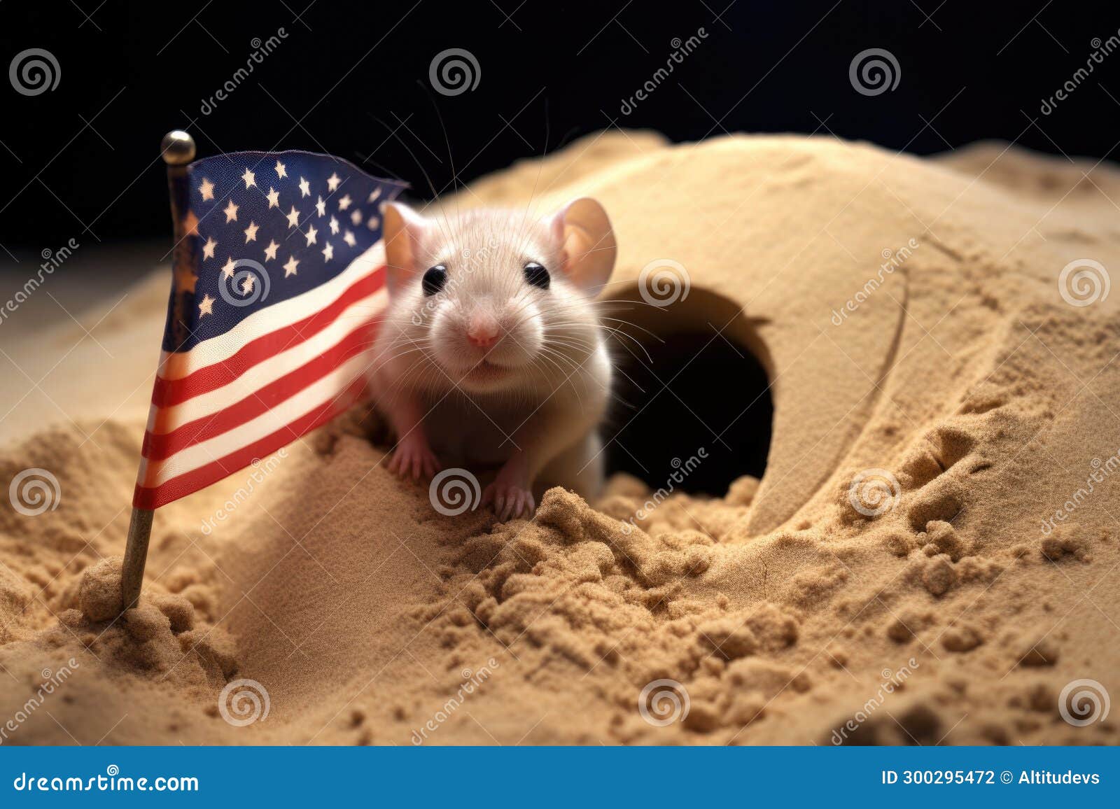 Mouse with a Small American Flag on a Sandy Surface, Mimicking Moon ...