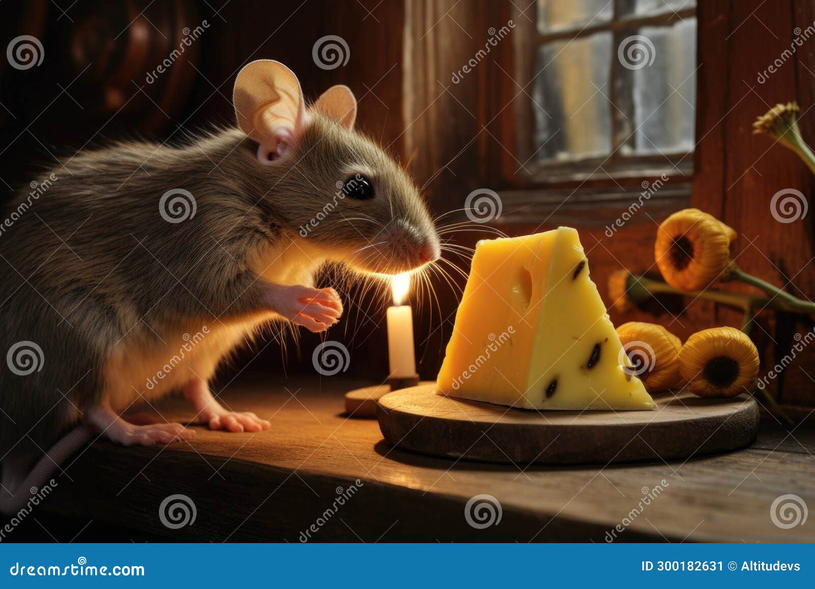 Mouse Sniffing a Piece of Cheese on a Board on the Table Stock ...