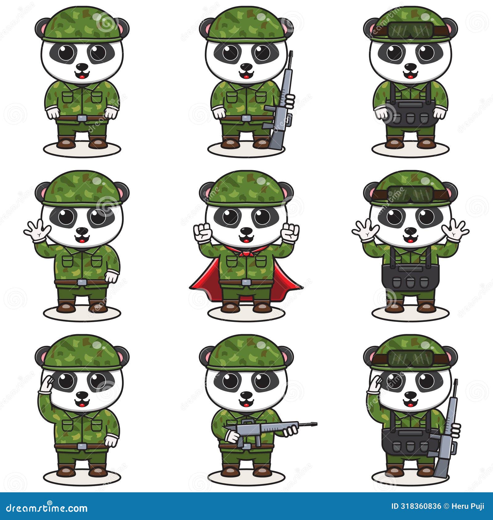Cartoon Funny Panda Soldier Set Stock Vector - Illustration of green ...