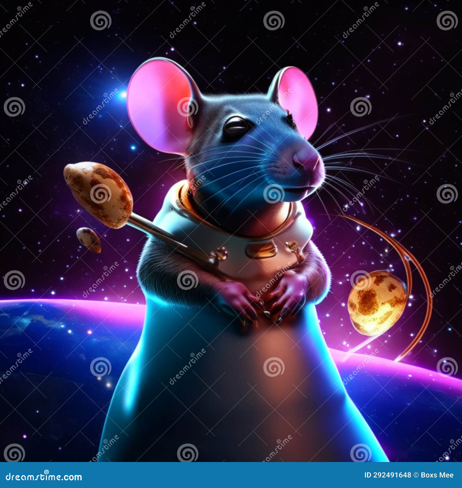 Mouse in the Space with Planets and Stars, 3d Render Illustration AI ...