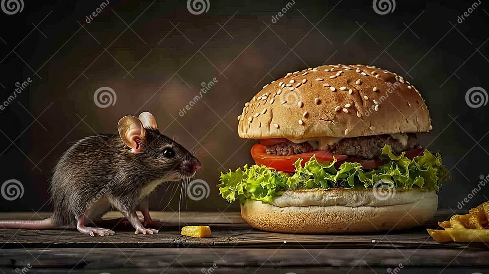 The Mouse is Standing by the Burger. Generative AI. Stock Illustration ...
