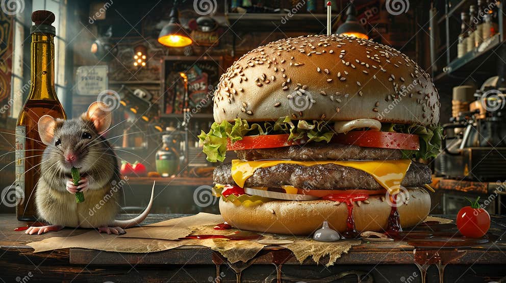 The Mouse is Standing by the Burger. Generative AI. Stock Illustration ...