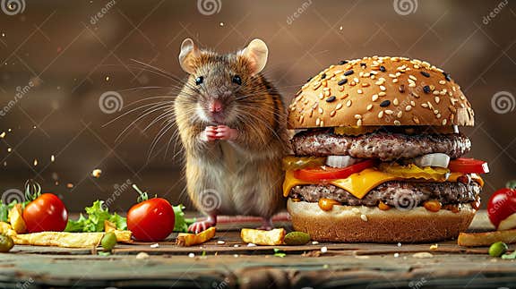 The Mouse is Standing by the Burger. Generative AI. Stock Illustration ...