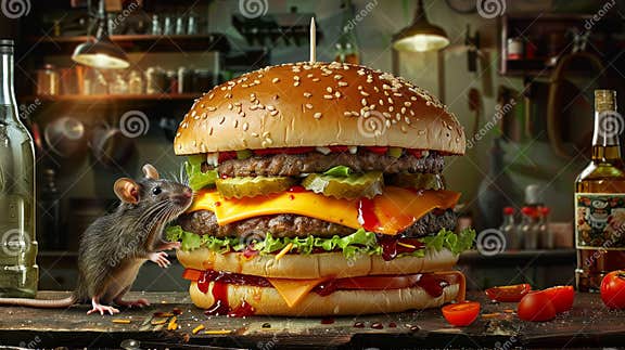 The Mouse is Standing by the Burger. Generative AI. Stock Illustration ...