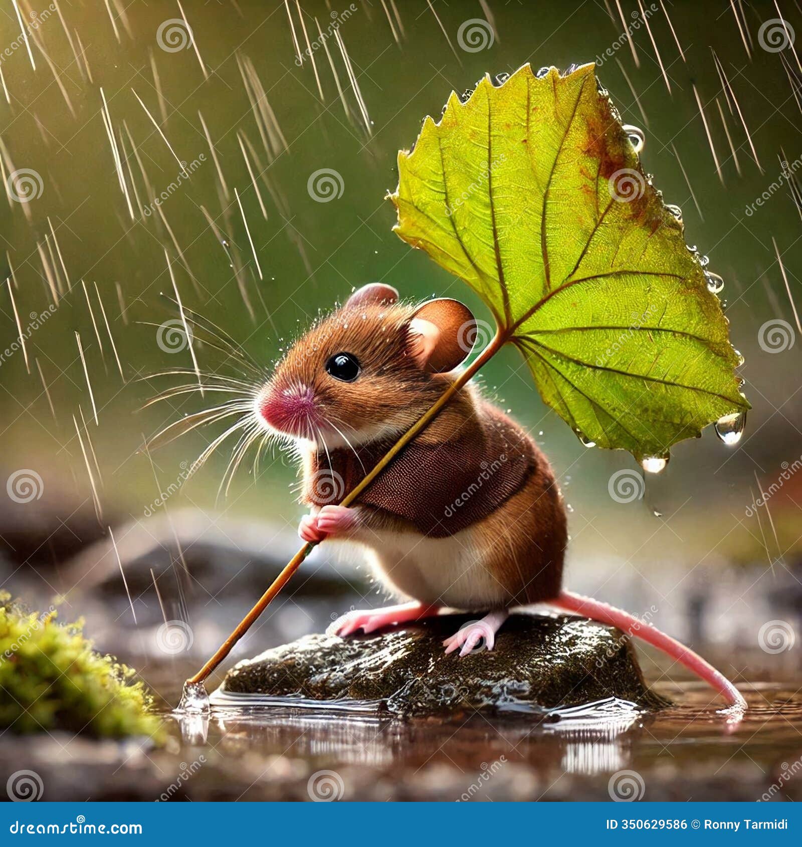 Mouse Standing On A Rock And Holding A Leaf When It Rains Stock ...
