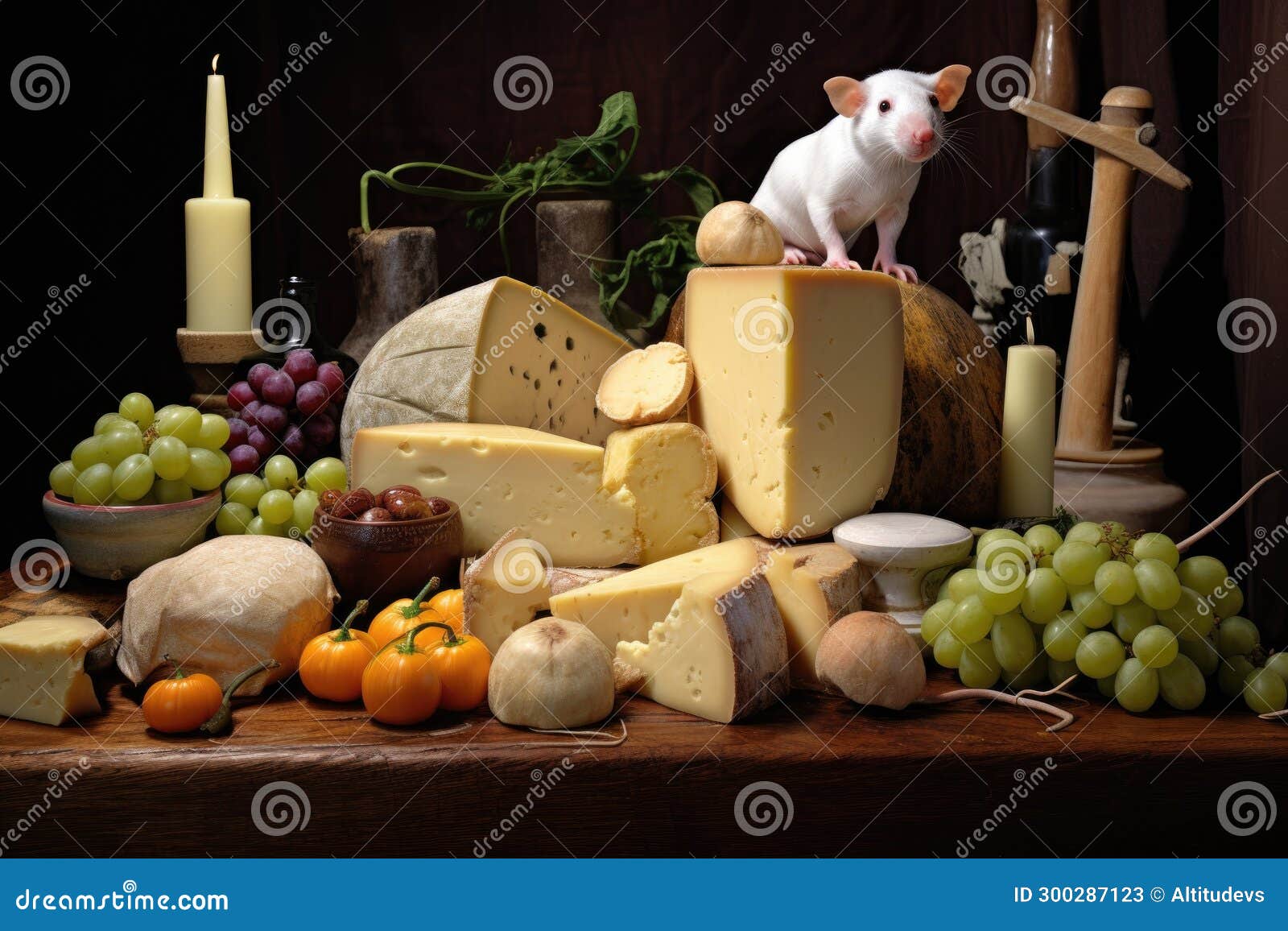 Mouse Standing on a Wedge of Cheese with Various Fridge Items Around ...