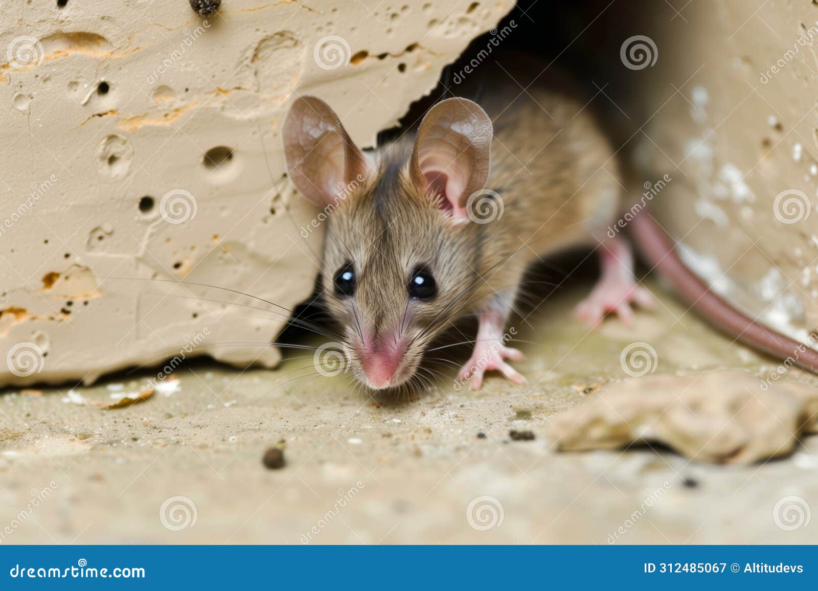 Mouse with Tiny Feet Visible at the Entrance of a Wall Cavity Stock ...
