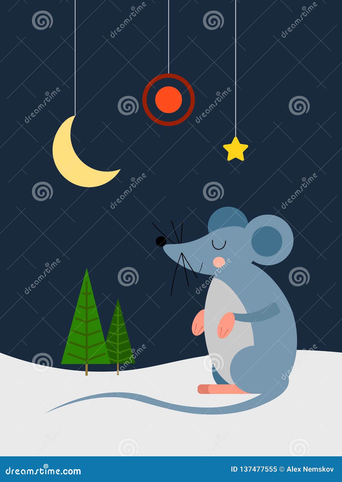 Mouse in the Woods on a Winter Night Stock Illustration - Illustration ...