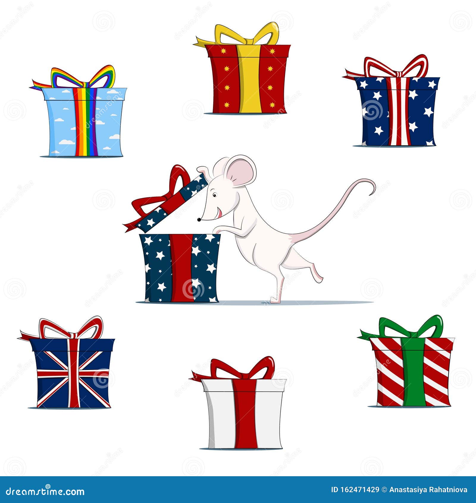 White Mouse Opens Present with Different Designs Stock Vector ...