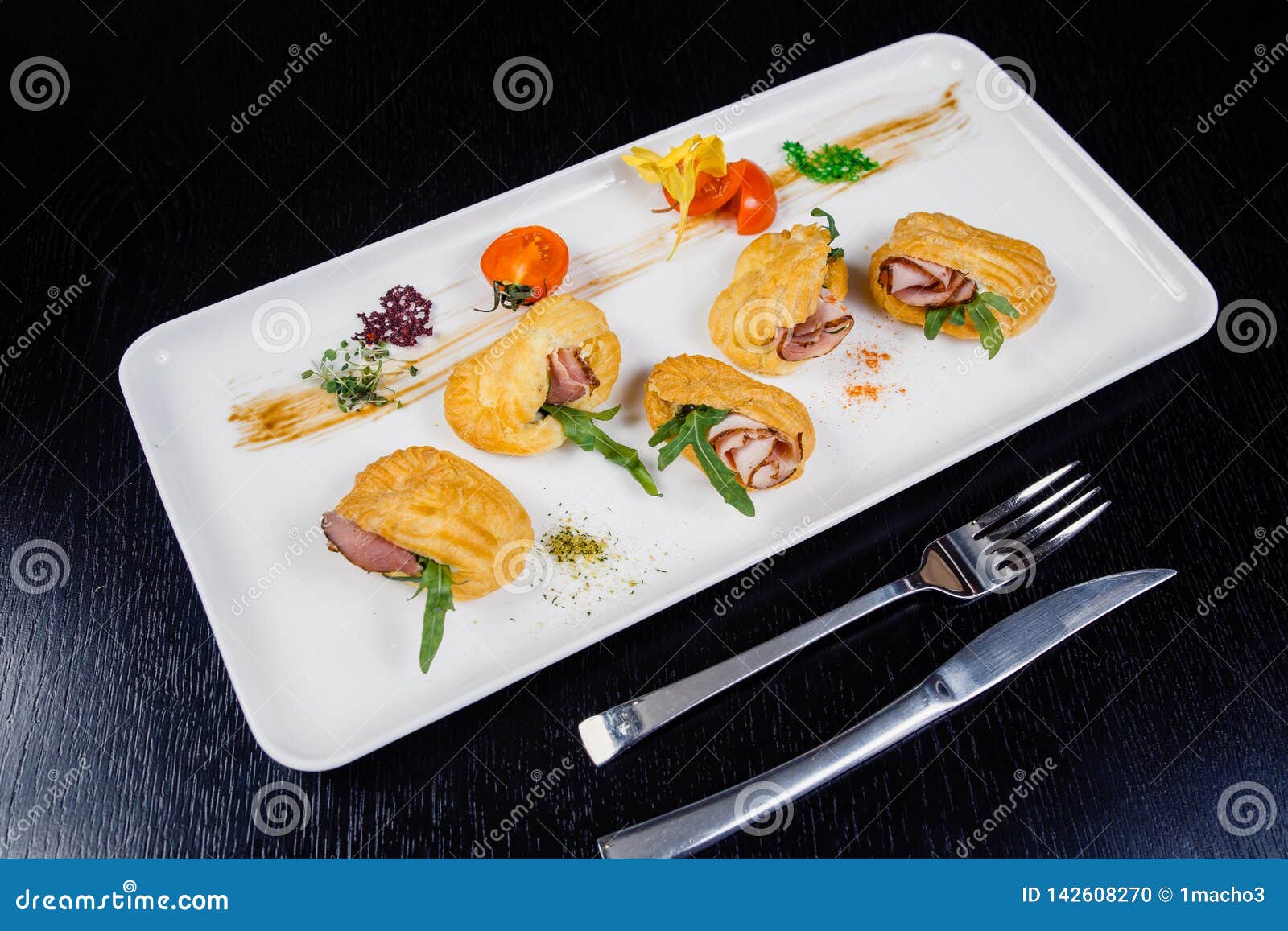 Mousse of Cheese with Bacon in Eclair, Covered with Green and Tomato ...
