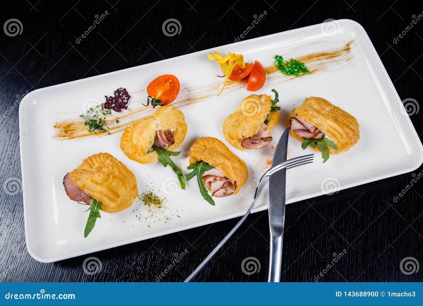 Mousse of Cheese with Bacon in Eclair, Covered with Green and Tomato ...