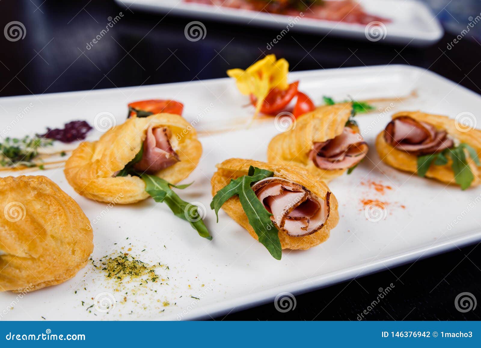Mousse of Cheese with Bacon in Eclair, Covered with Green and Tomato ...