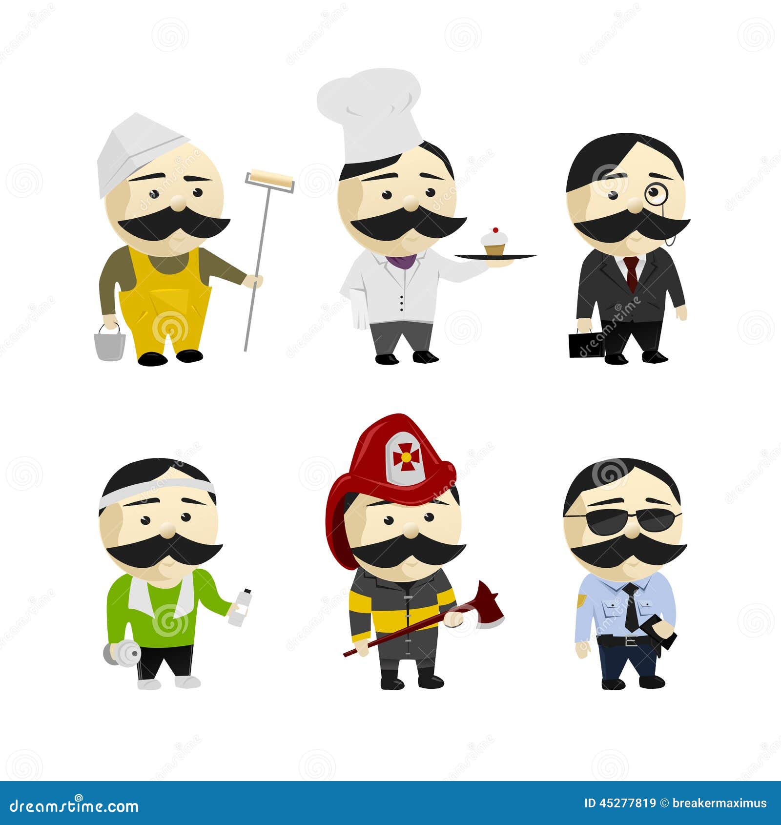 Cartoon Moustached Men Professions Set. Stock Illustration ...
