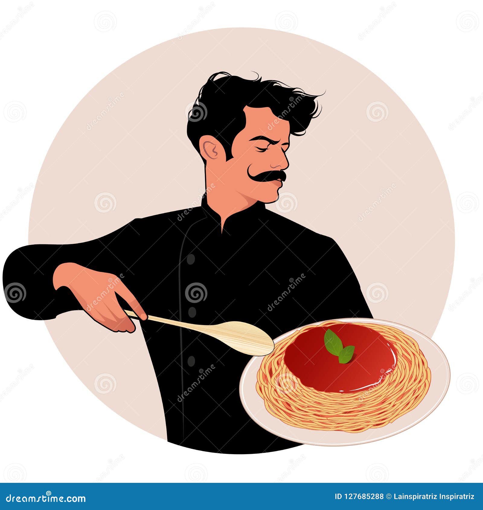 Moustached Chef Carrying A Plate Of Spaghetti Vector Illustration ...