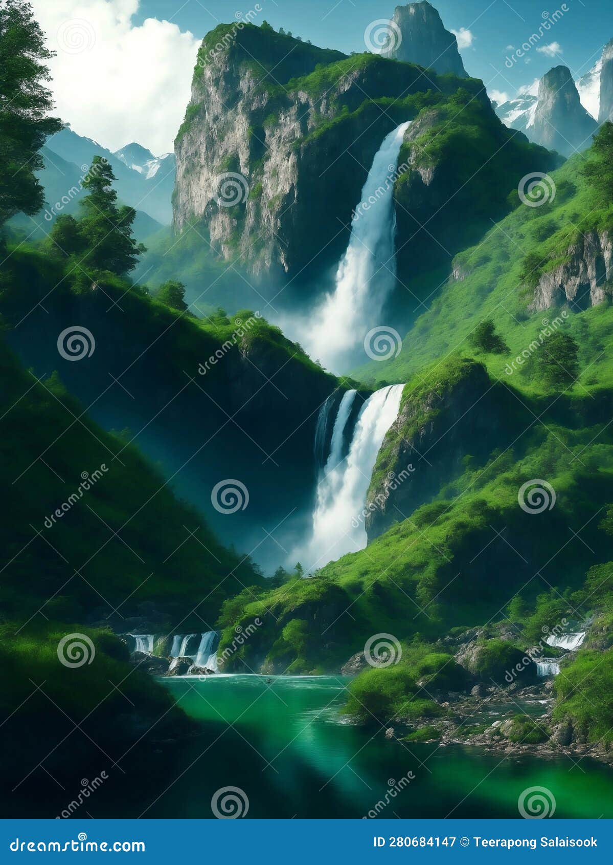 Moutain with Waterfall Green Nature, Generative AI Illustration Stock ...