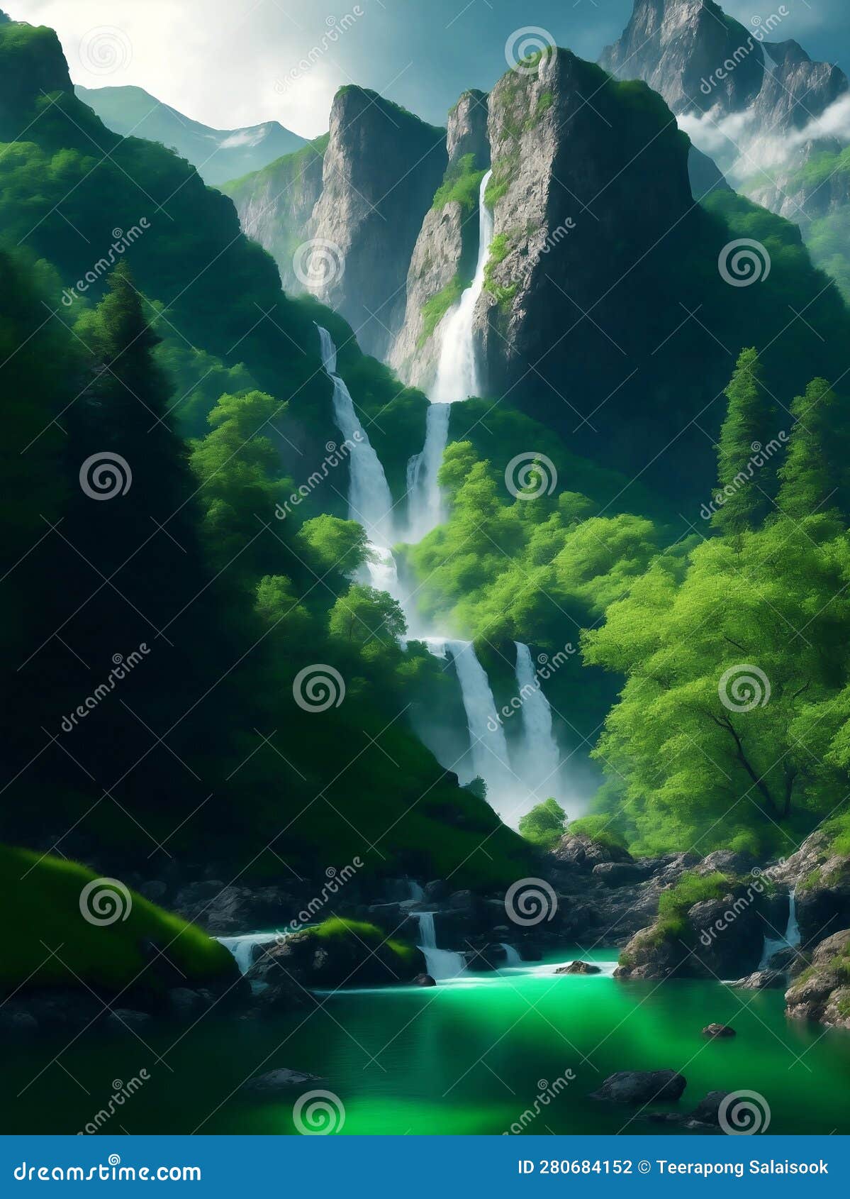 Moutain with Waterfall Green Nature, Generative AI Illustration Stock ...