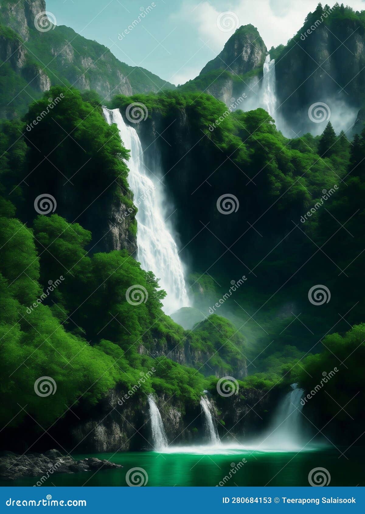Moutain with Waterfall Green Nature, Generative AI Illustration Stock ...